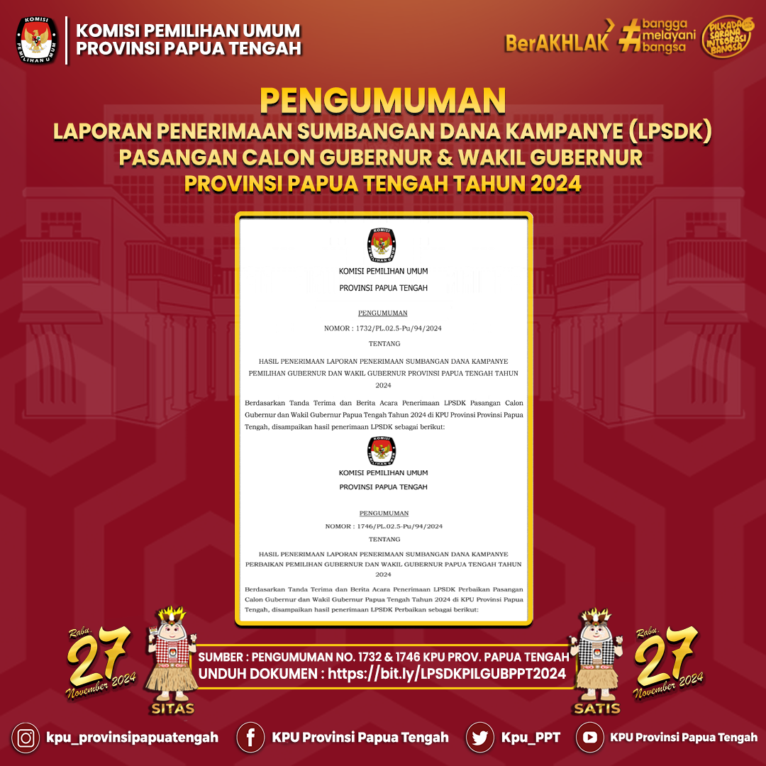 KPU PAPUATENGAH - PENGUMUMAN ! LAPORAN PENERIMAAN SUMBANGAN DANA KAMPANYE PILGUB PROVINSI PAPUA ...
